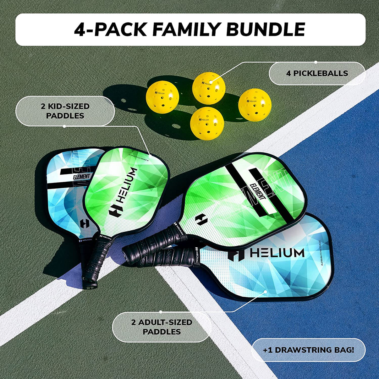 Helium Element Fiberglass Pickleball Paddles - Family 4-Pack Bundle